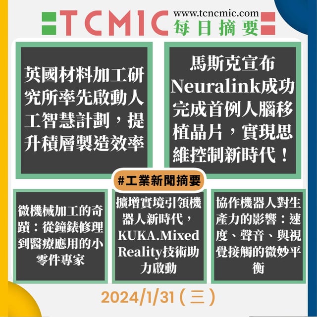 TCMIC Daily CNC News-工具機與自動化領域的最新新聞摘要-20240131 by @Robert CHEN · Zencastr